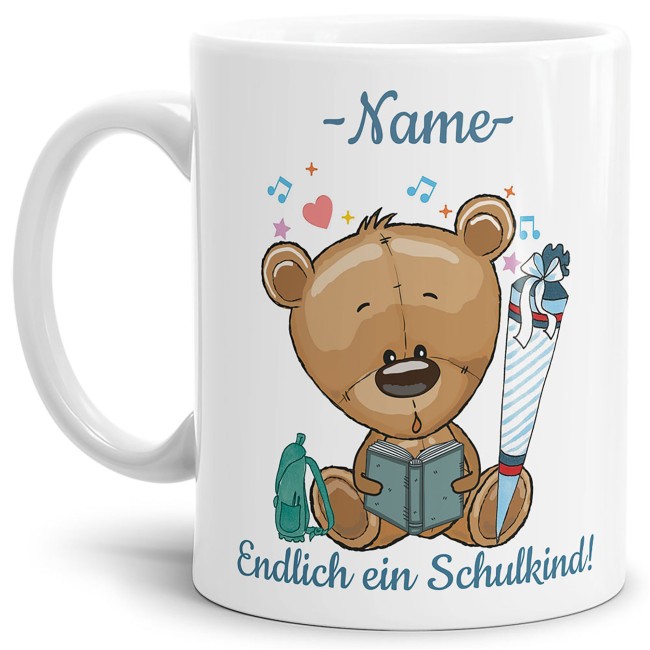 Tasse zur Einschulung für Jungen - Teddy - mit Wunschname - Weiß | TA, 12,95