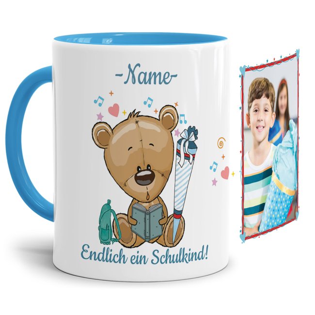 Tasse zur Einschulung für Jungen - Teddy - mit Foto und Name - Hellbl, 13,95