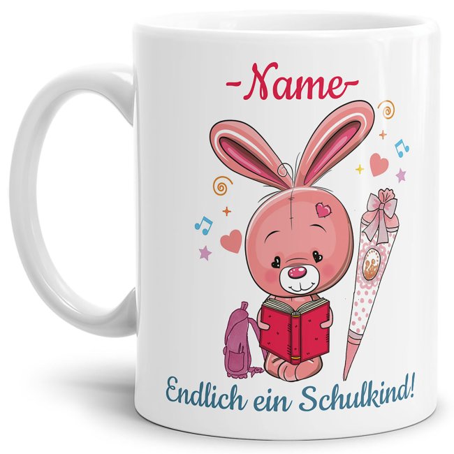 Tasse zur Einschulung für Mädchen - Hase - mit Wunschname - Weiß | TA, 12,95