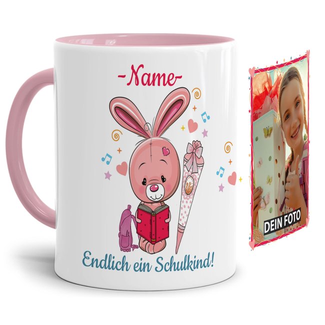 Tasse zur Einschulung für Mädchen - Hase - mit Foto und Name - Rosa |, 13,95