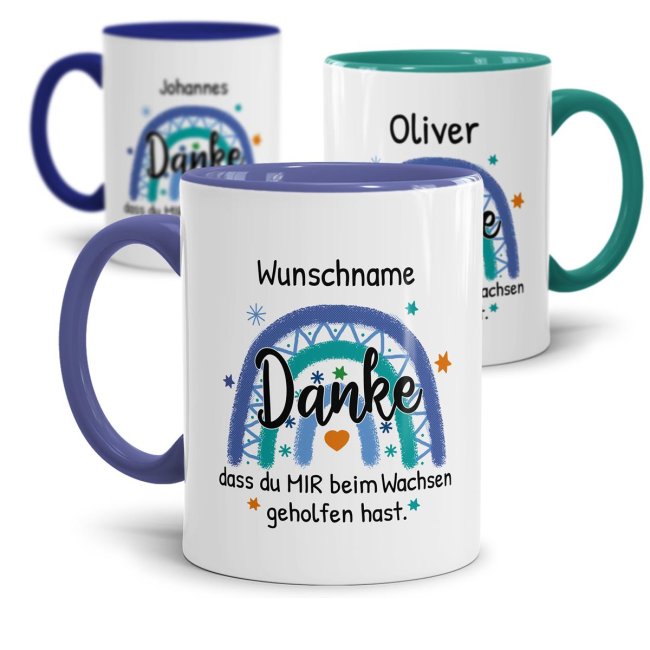 Tasse für Erzieher - Danke, geholfen hast - Regenbogen Blau - mit Nam
