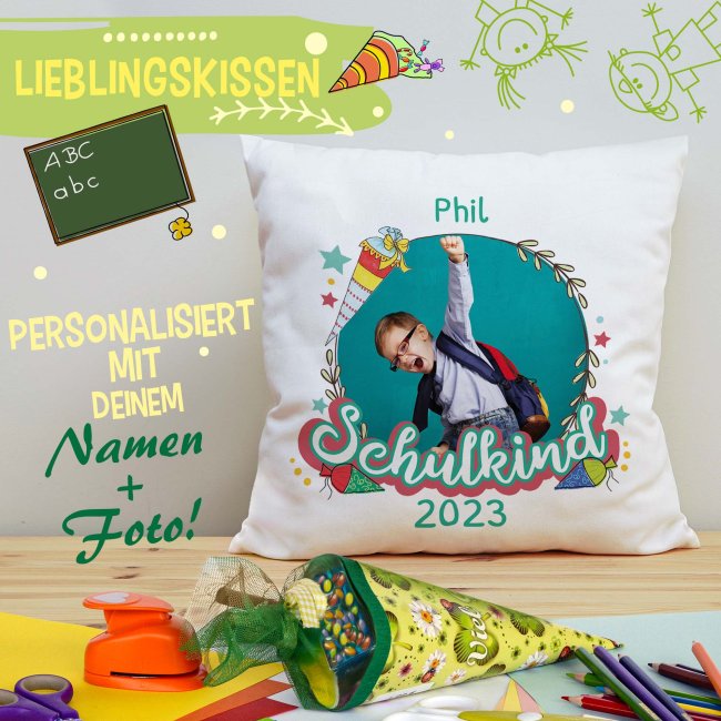 Foto-Kissen - Einschulung, Schulkind blau - mit Foto, Name, Jahr pers, 16,95