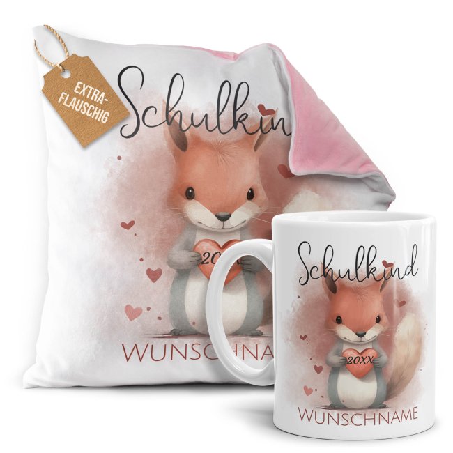 Set als Geschenk zur Einschulung - Flauschkissen rosa und Tasse - mit, 25,95