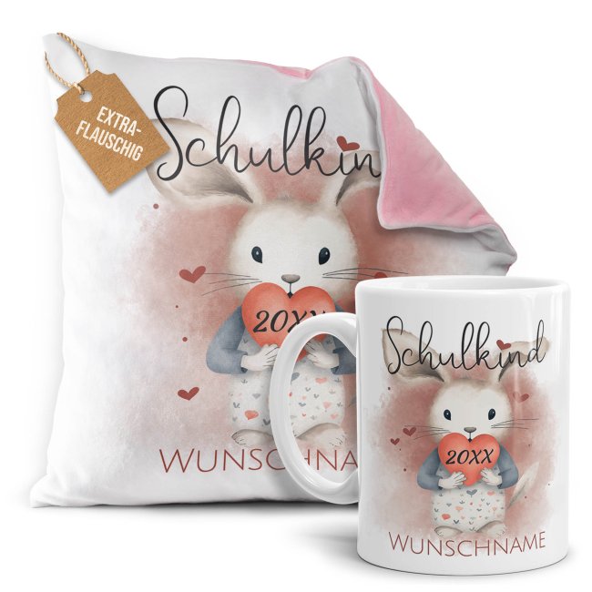 Geschenk zur Einschulung - Set aus rosanem Flauschkissen und Tasse - , 25,95