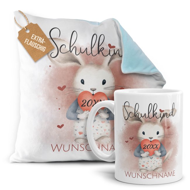 Geschenk zur Einschulung - Set aus hellblauem Flauschkissen und Tasse, 25,95