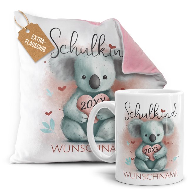 Einschulungsgeschenk - Set aus flauschigem Kissen rosa und Tasse - mi, 25,95