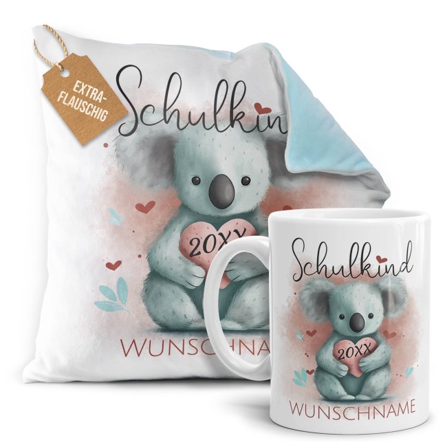 Einschulungsgeschenk - Set aus flauschigem Kissen hellblau und Tasse , 25,95