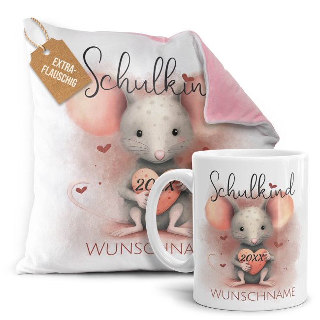 Set als Geschenk zur Einschulung - Flauschkissen rosa und Tasse - mit, 25,95