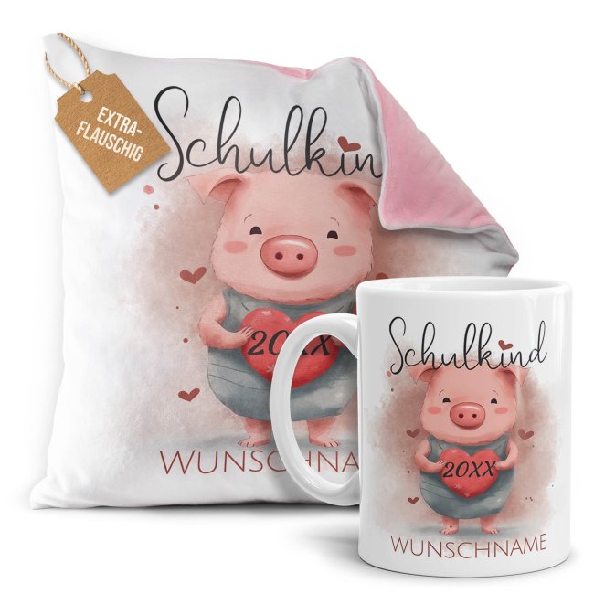 Geschenk-Set zum Schulanfang - Flauschkissen rosa und Tasse, Ferkel -, 25,95