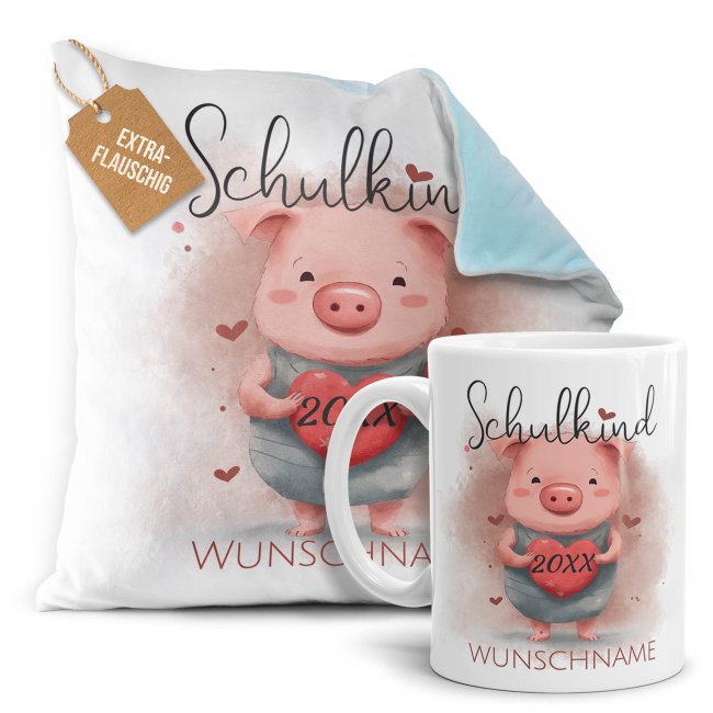 Geschenk-Set zum Schulanfang - Flauschkissen hellblau und Tasse, Ferk, 25,95