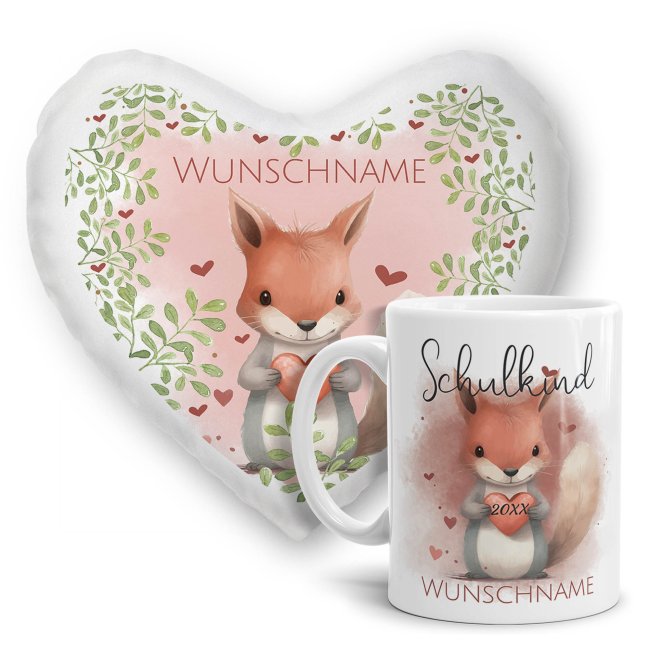 Geschenk-Set zum Schulanfang - Herzkissen und Tasse, Eichhörnchen Mot, 25,95