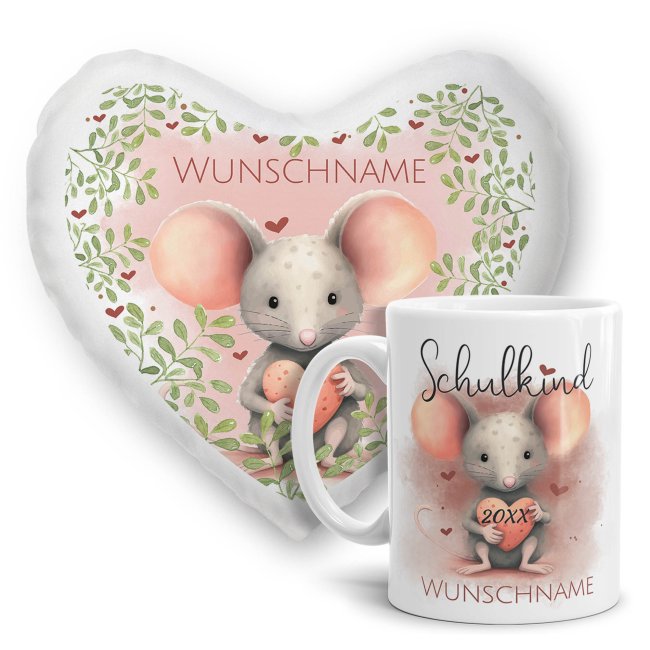 Geschenk-Set zum Schulanfang - Herzkissen und Tasse, Maus Motiv - mit, 25,95