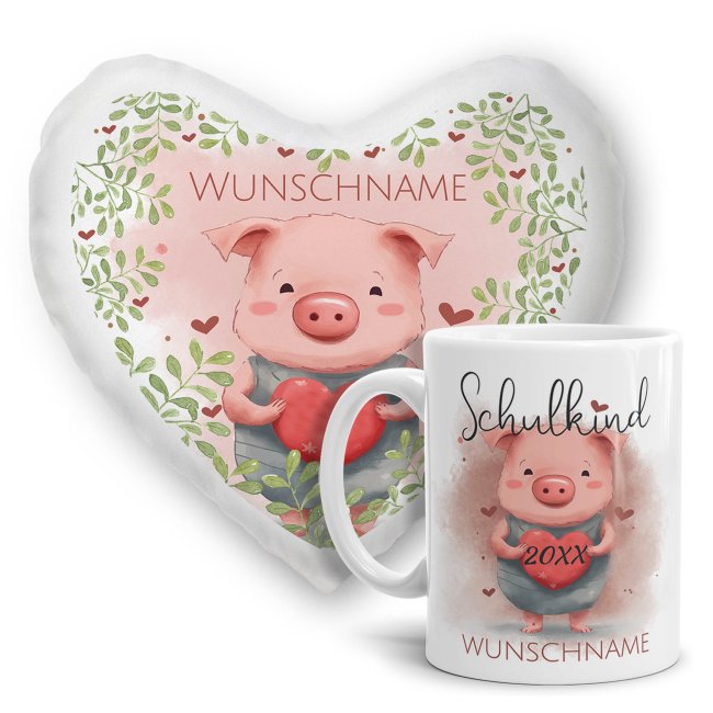 Geschenk-Set zum Schulanfang - Herzkissen und Tasse, Ferkel Motiv - m, 25,95