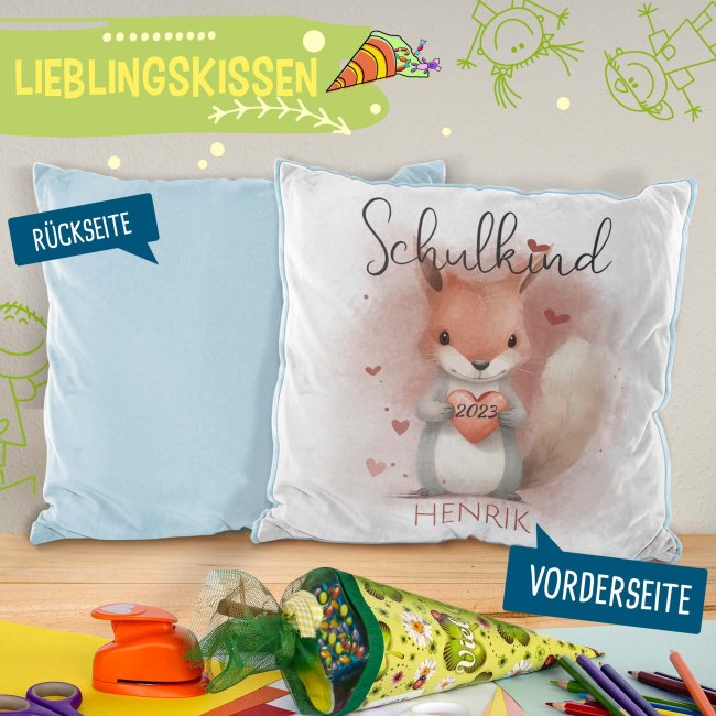Einschulungsgeschenk - hellblaues Flauschkissen mit Name und Schuljah, 17,95