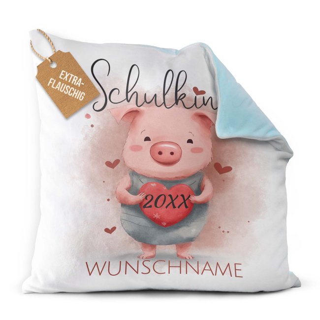 Einschulungsgeschenk - hellblaues Flauschkissen mit Name und Schuljah, 17,95