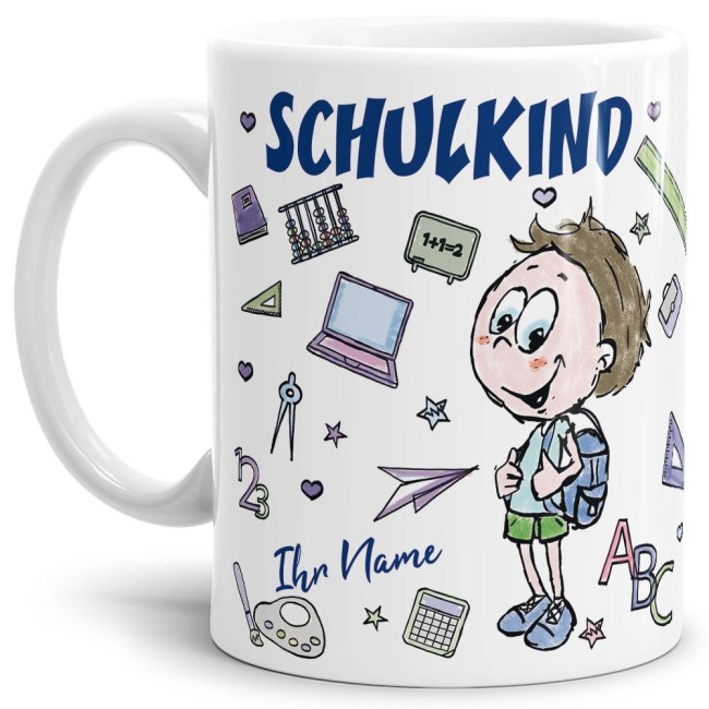 Tasse zur Einschulung - Schulkind Junge - Name Weiss | TASSENDRUCK, 10,95