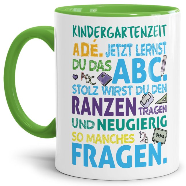 Tasse zur Einschulung - Kindergartenzeit adé - Hellgrün | TASSENDRUCK, 11,95