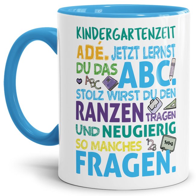 Tasse zur Einschulung - Kindergartenzeit adé - Hellblau | TASSENDRUCK
