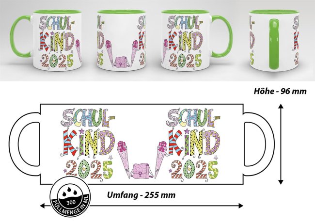 Tasse zur Einschulung mit Spruch - Schulkind 2025 Mädchen - Hellgrün