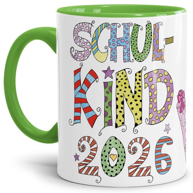 Tasse zur Einschulung mit Spruch - Schulkind 2026 Mädchen - Hellgrün , 11,95