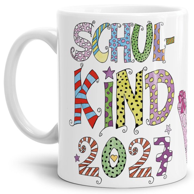 Tasse zur Einschulung mit Spruch - Schulkind 2027 Mädchen - Weiß | TA