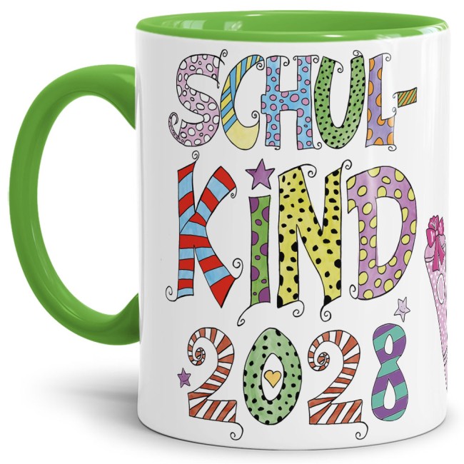 Tasse zur Einschulung mit Spruch - Schulkind 2028 Mädchen - Hellgrün , 11,95