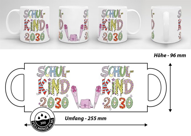 Tasse zur Einschulung mit Spruch - Schulkind 2030 Mädchen - Weiß | TA, 10,95